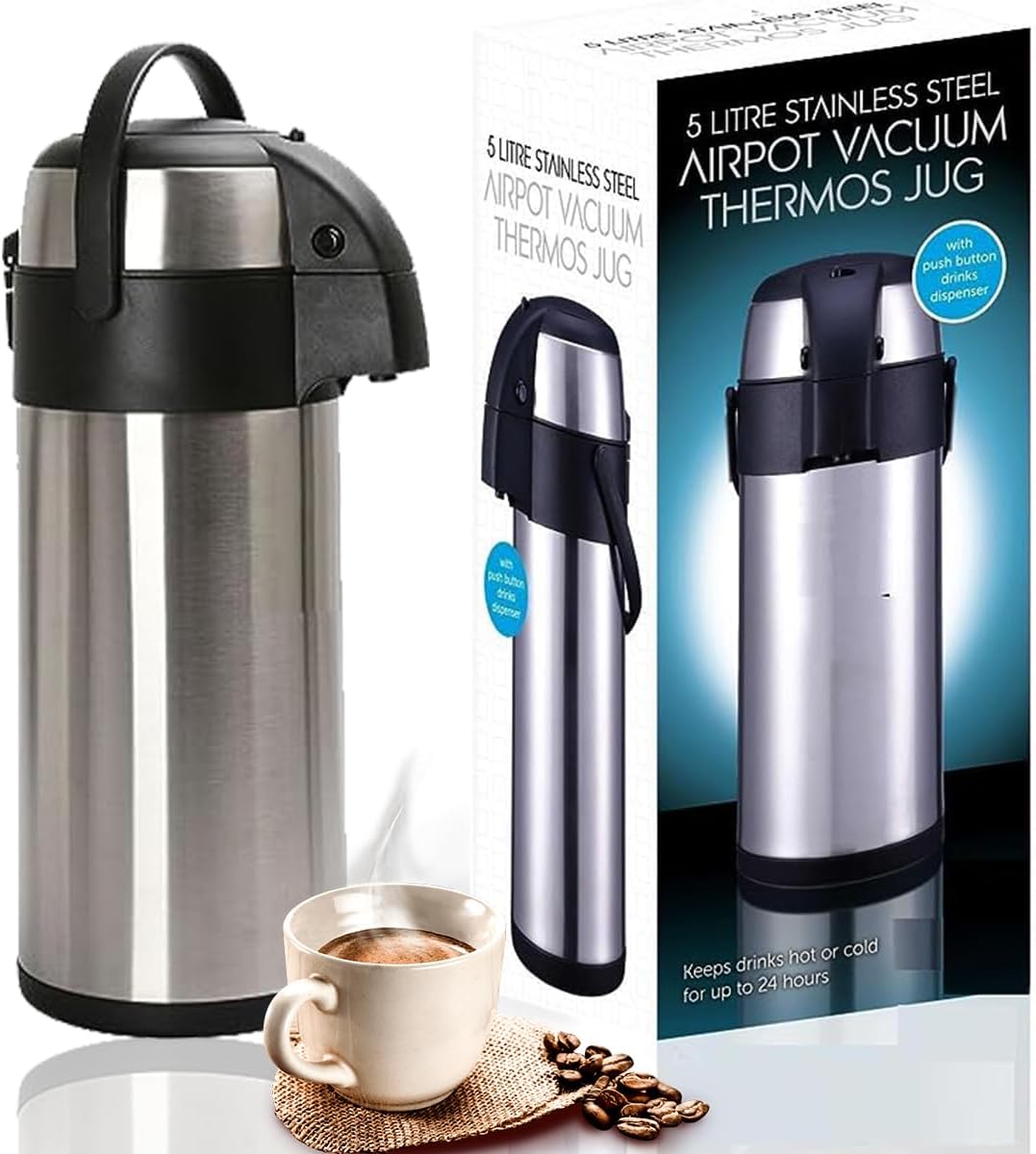 MantraRaj 5L Pump Action Airpot Coffee Flask Double-Walled Vacuum Insulated Jug Coffee Carafe ...