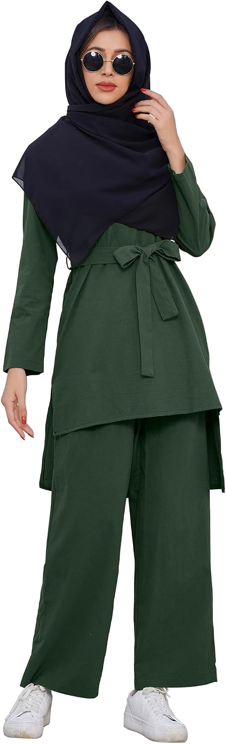 Amazon.com: Abayas for Women Muslim 2 Pieces Sets Long Sleeve Round ...