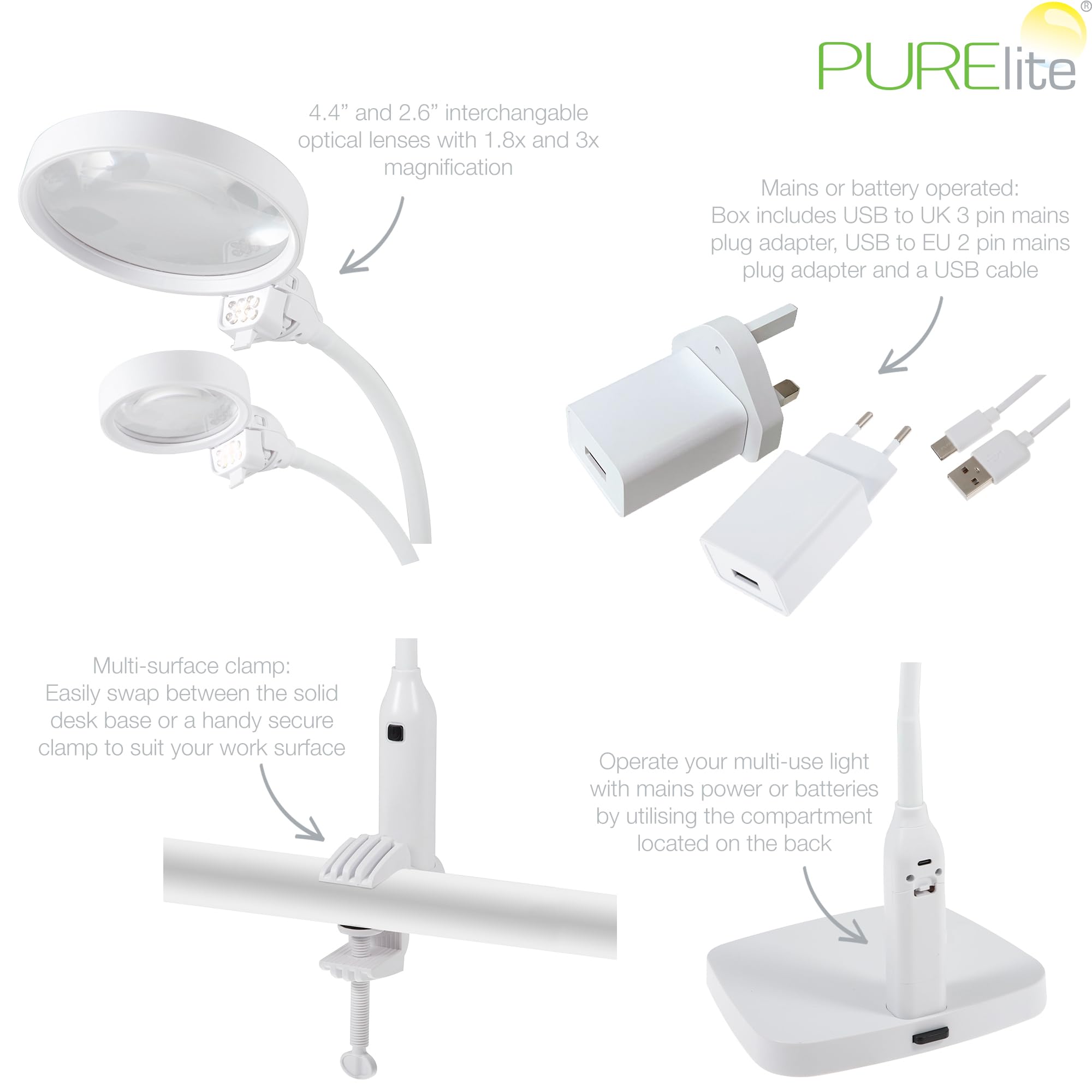 PURElite Multi-Use Magnifying Lamp Table Lamp & Desk Lamp, 2 Magnifiers ...