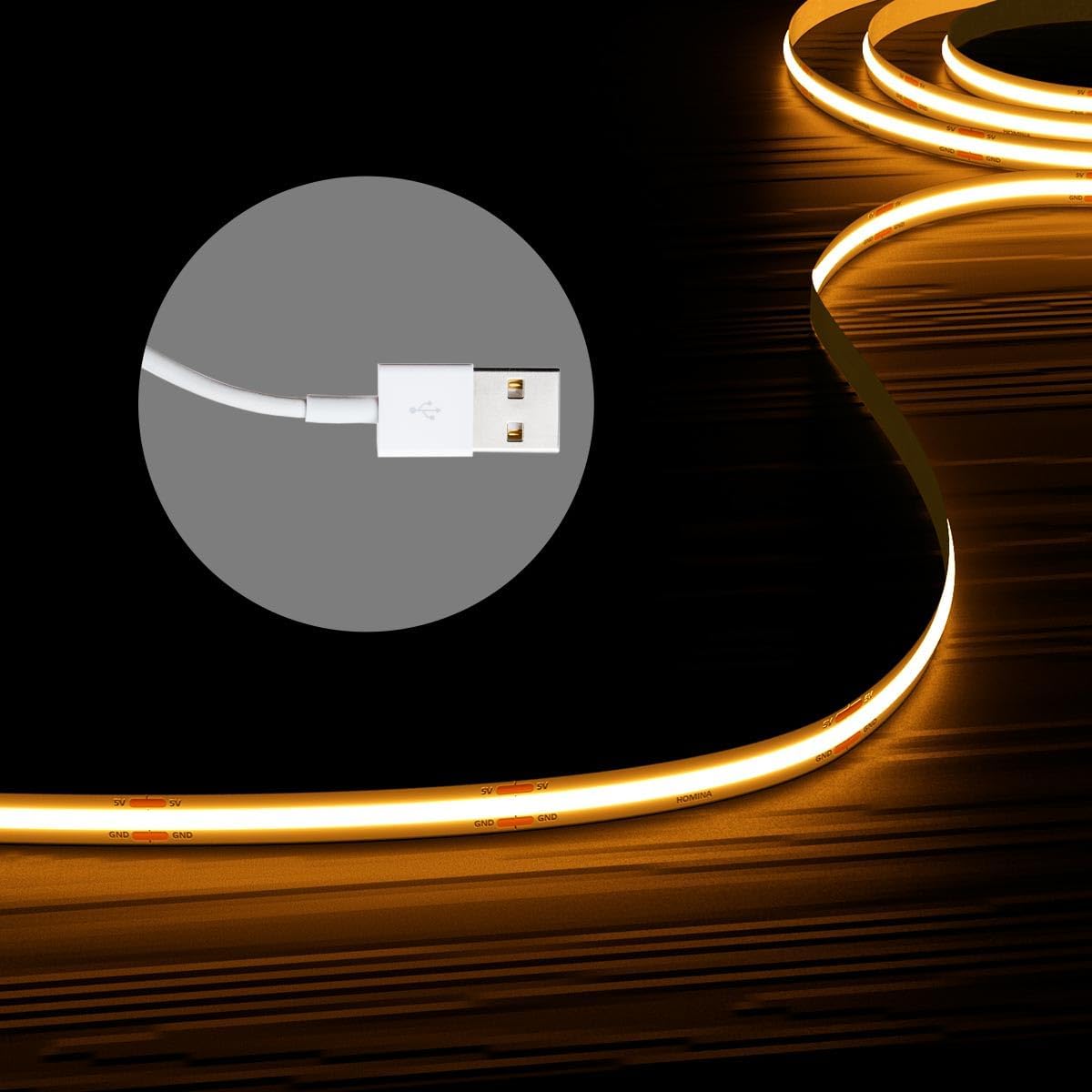 HOMINA COB LED Strip Lights, USB 2M/6.6FT Ultra Bright 2700K, 90+ CRI ...