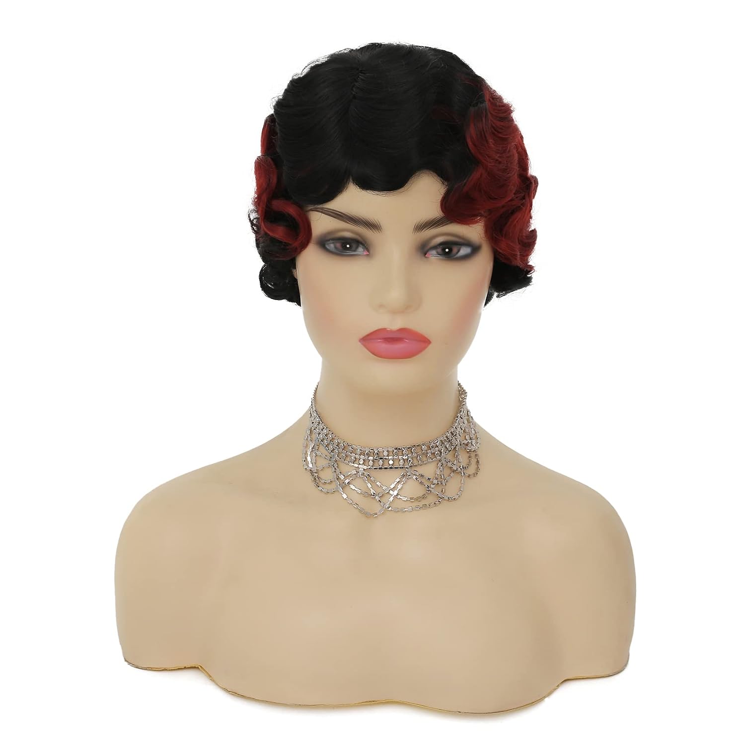 Amazon.com : Dai Cloud Short Red Black Finger Wave Wigs Curly Retro ...