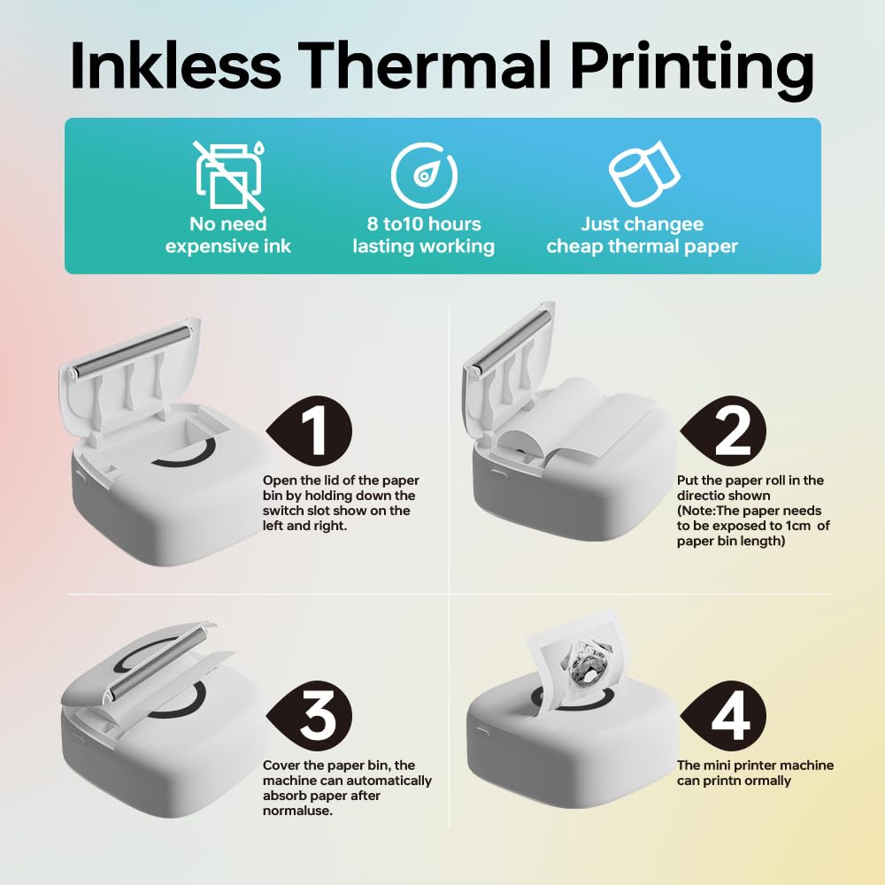 Mini Printer Sticker Thermal Printer with 3 Rolls Paper, Bluetooth ...