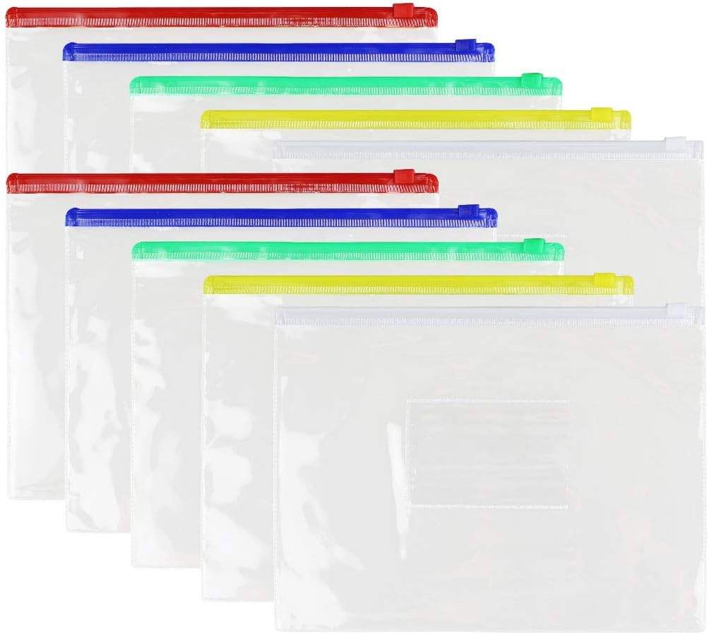 Mustar 10 pcs A5 Size Zipper File Bags, Zippered Plastic Poly Envelope ...