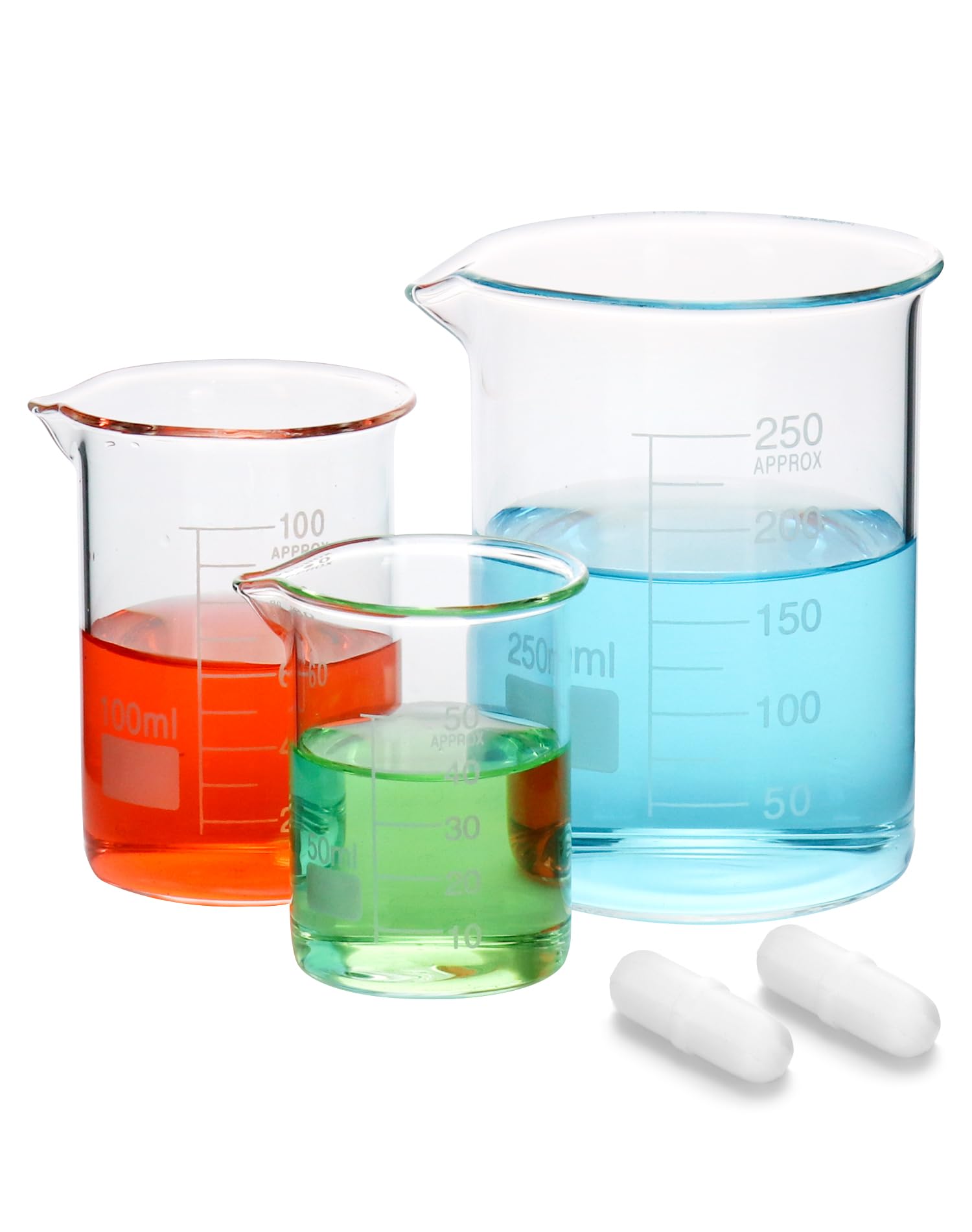 QWORK Borosilicate Glass Beaker Set with Magnetic Stir Bar, 50ml, 100ml ...