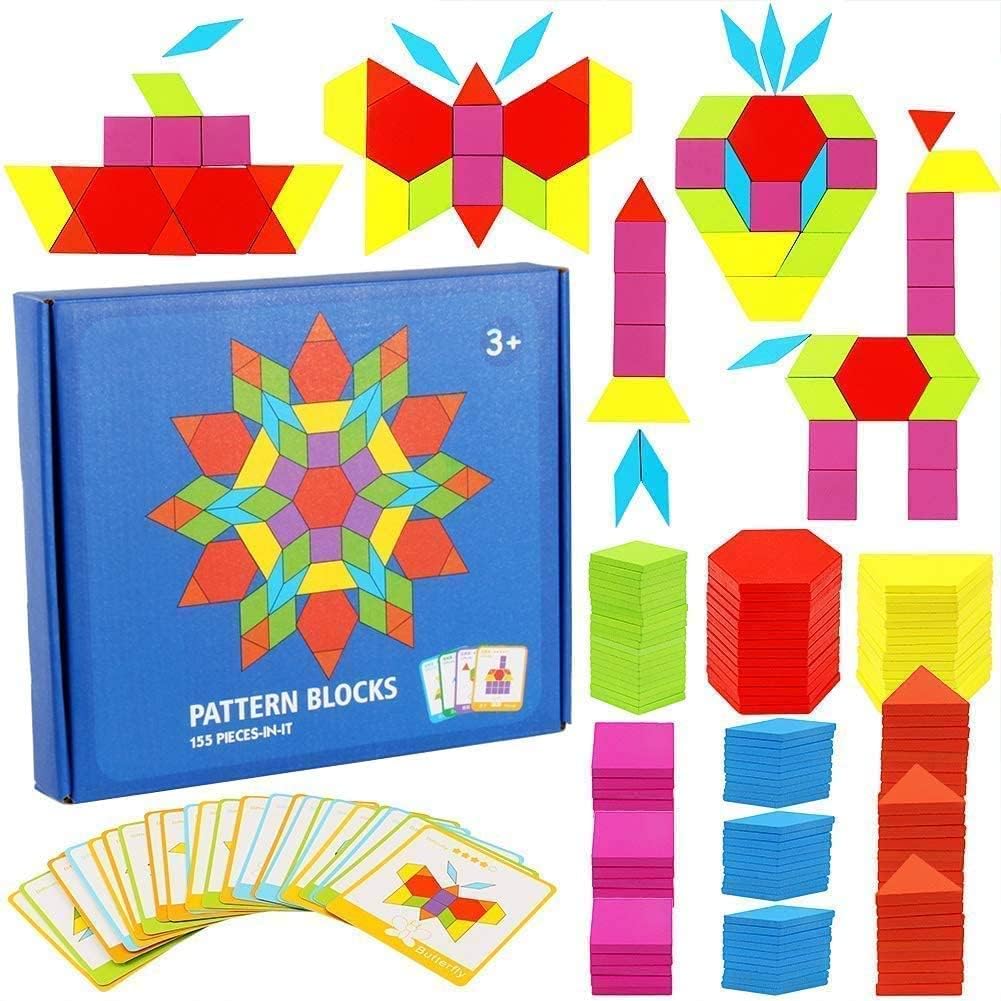 KanCai 155 Pcs Wooden Pattern Blocks Puzzle Geometric Shape Set ...