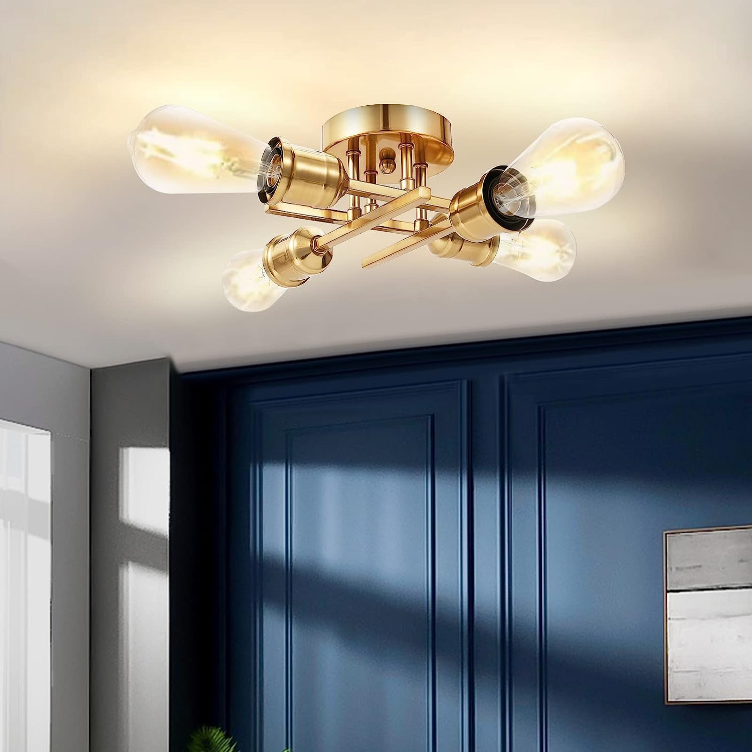 WOSBO Gold Semi Flush Mount Ceiling Light Fixtures Industrial 4-Light ...