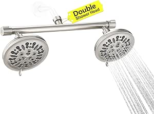 Chomley Double Shower Head with Built-in 2 Shut Off Valve, 8 Setting Rain Shower Head, Brushed ...