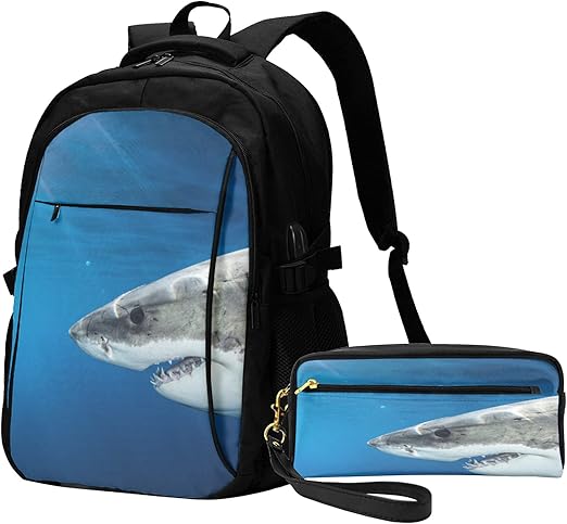 Big Bookbag With Pencil Case Fierce Awful Shark Underwater Back Packs ...
