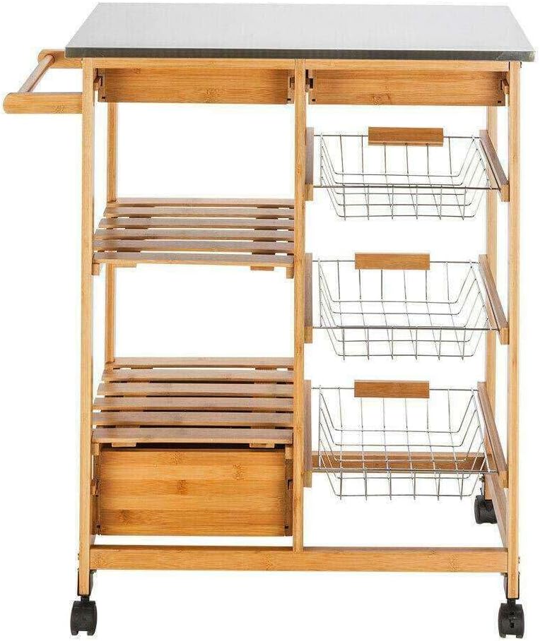 Amazon.com: UHTQ Bamboo Kitchen Cart with Stainless Steel Top W/ 3 ...