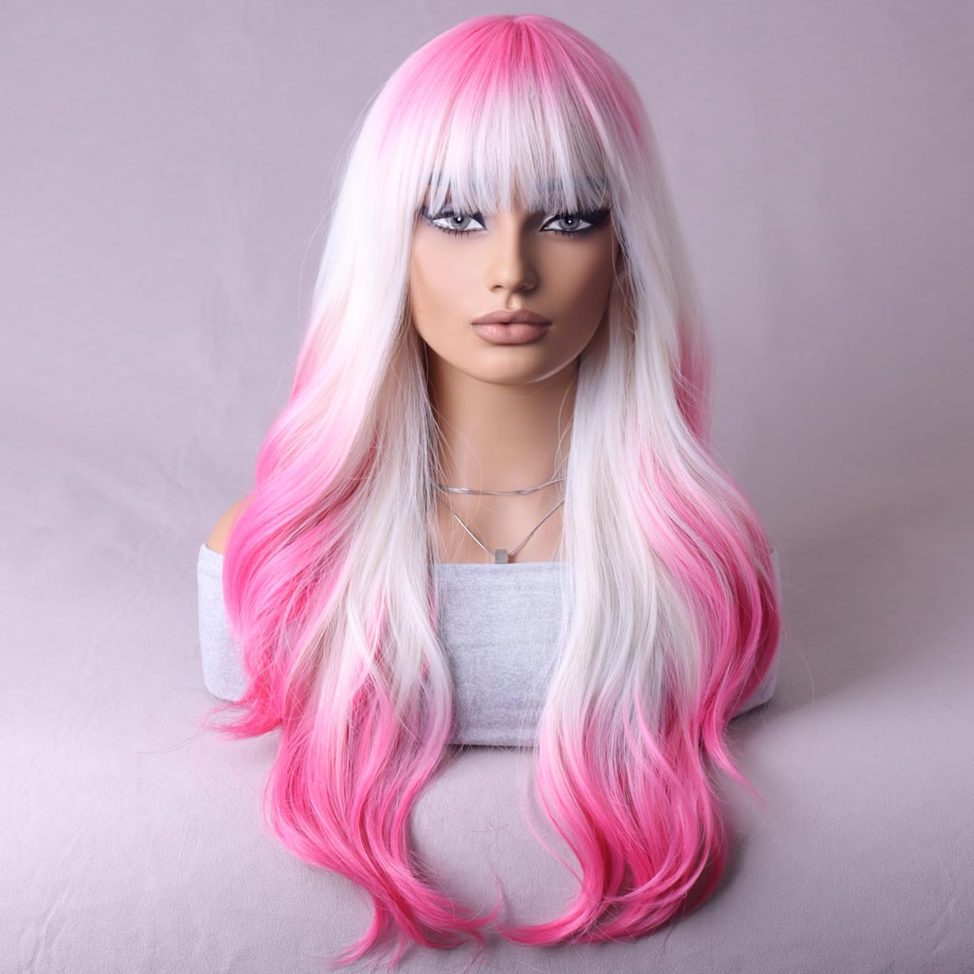 Amazon.com : BERON Pink and White Long Wigs Curly Wavy Women's Wigs ...