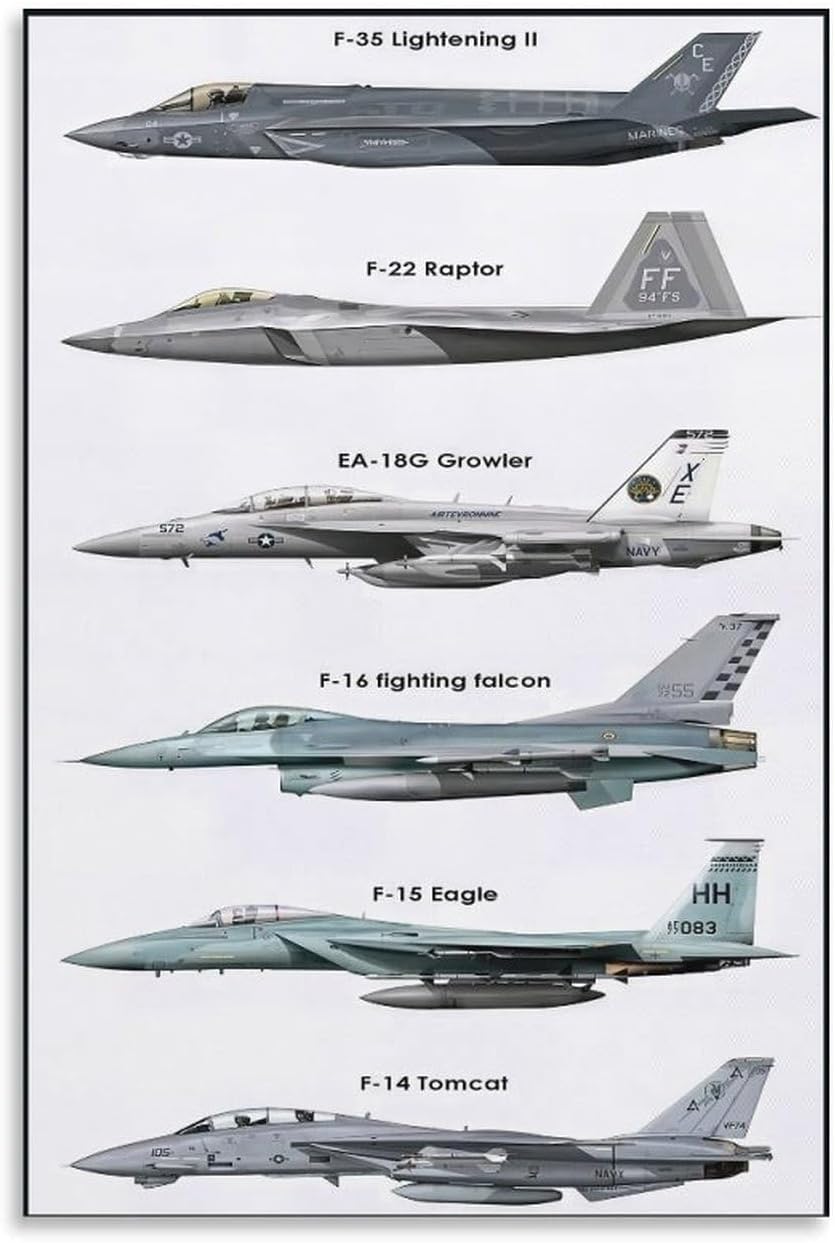 Amazon.com: Military Aircraft Poster with F14 Tomcat, F15 Eagle, F16 Fighting Falcon, F22 Raptor ...
