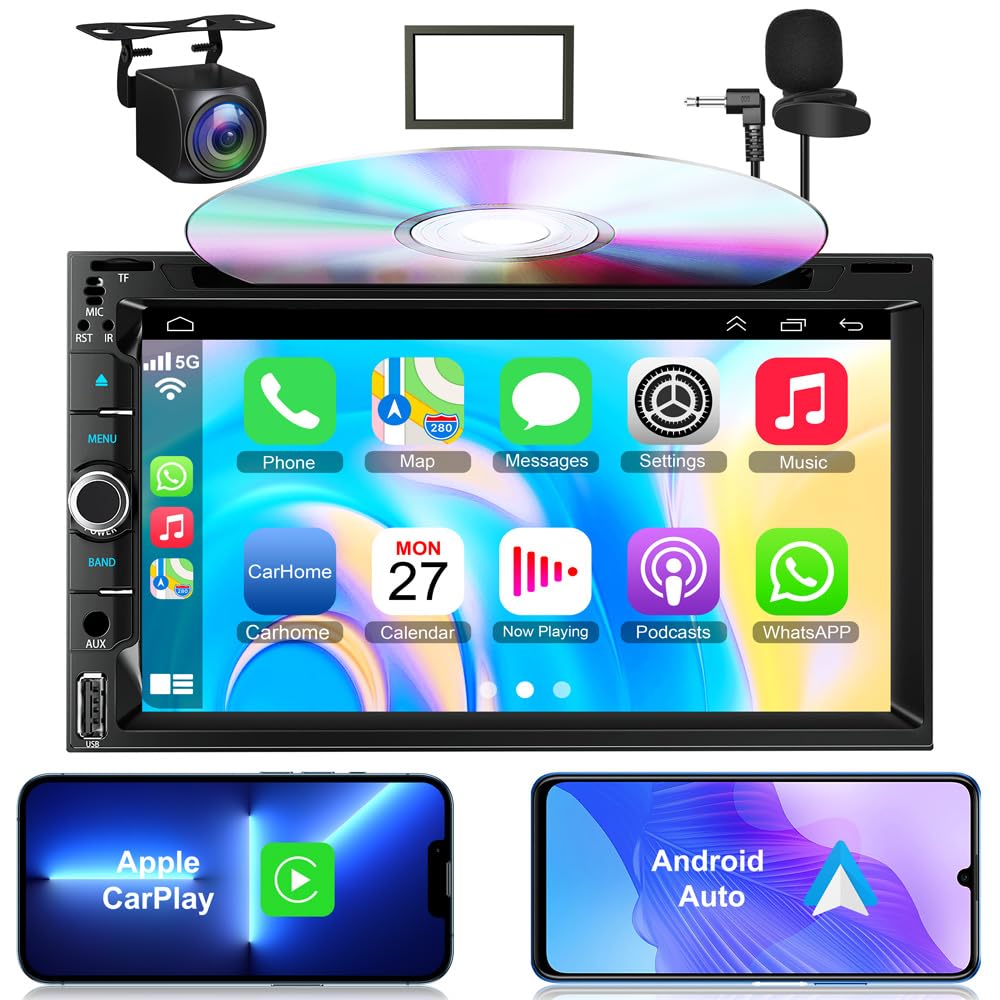 Amazon.com: Double Din car Stereo with CD/DVD Player- CarPlay & Android ...