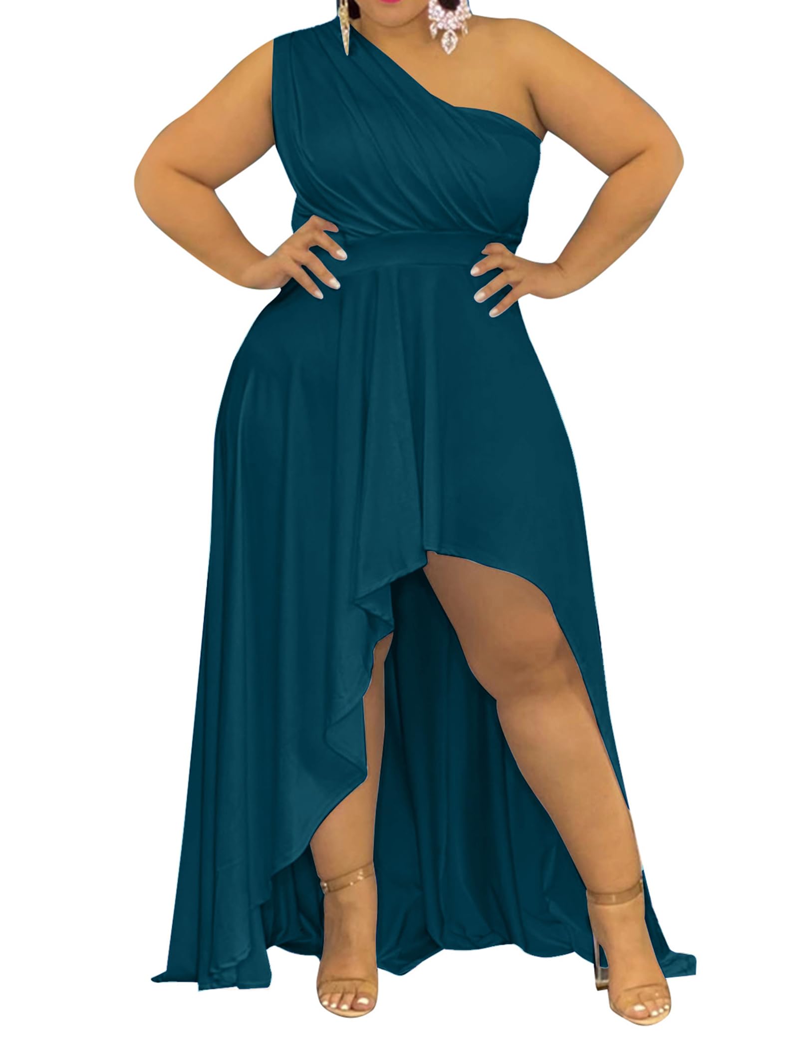 Amazon.com: Ekaliy Women's Plus Size One Shoulder Dress Sexy High Low ...