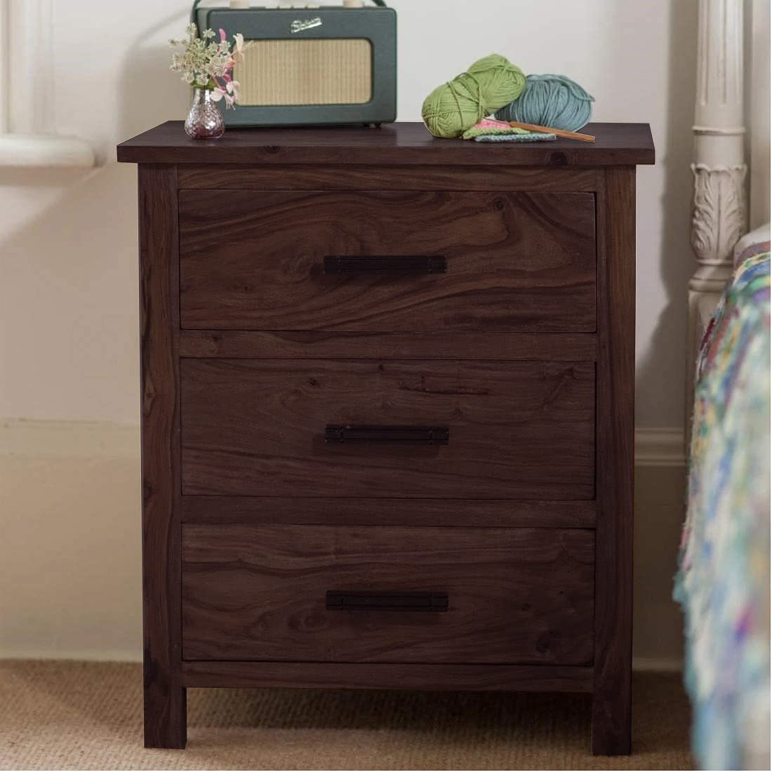 SHIKHA WOOD CRAFT Solid Sheesham Wood Bedside End Table with 3 Drawer Storage for Bedroom Wooden ...