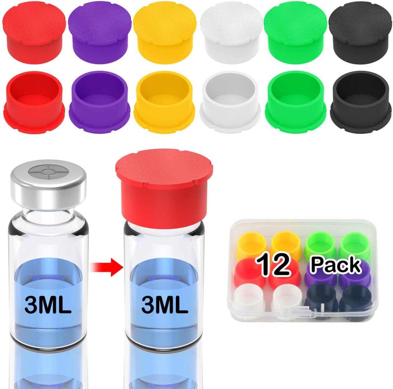 12 Pack 3ml Glass Vials Protective Vial Caps – 6 Assorted Colors, Leak ...