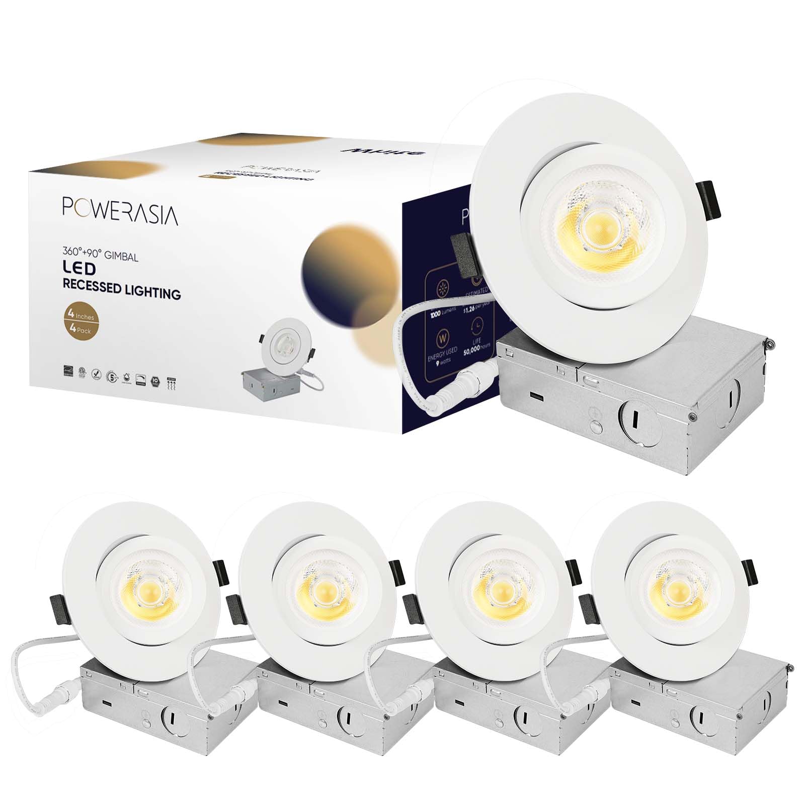4 Pack 4 Inch Gimbal LED Recessed Lighting with Junction Box, 5CCT ...