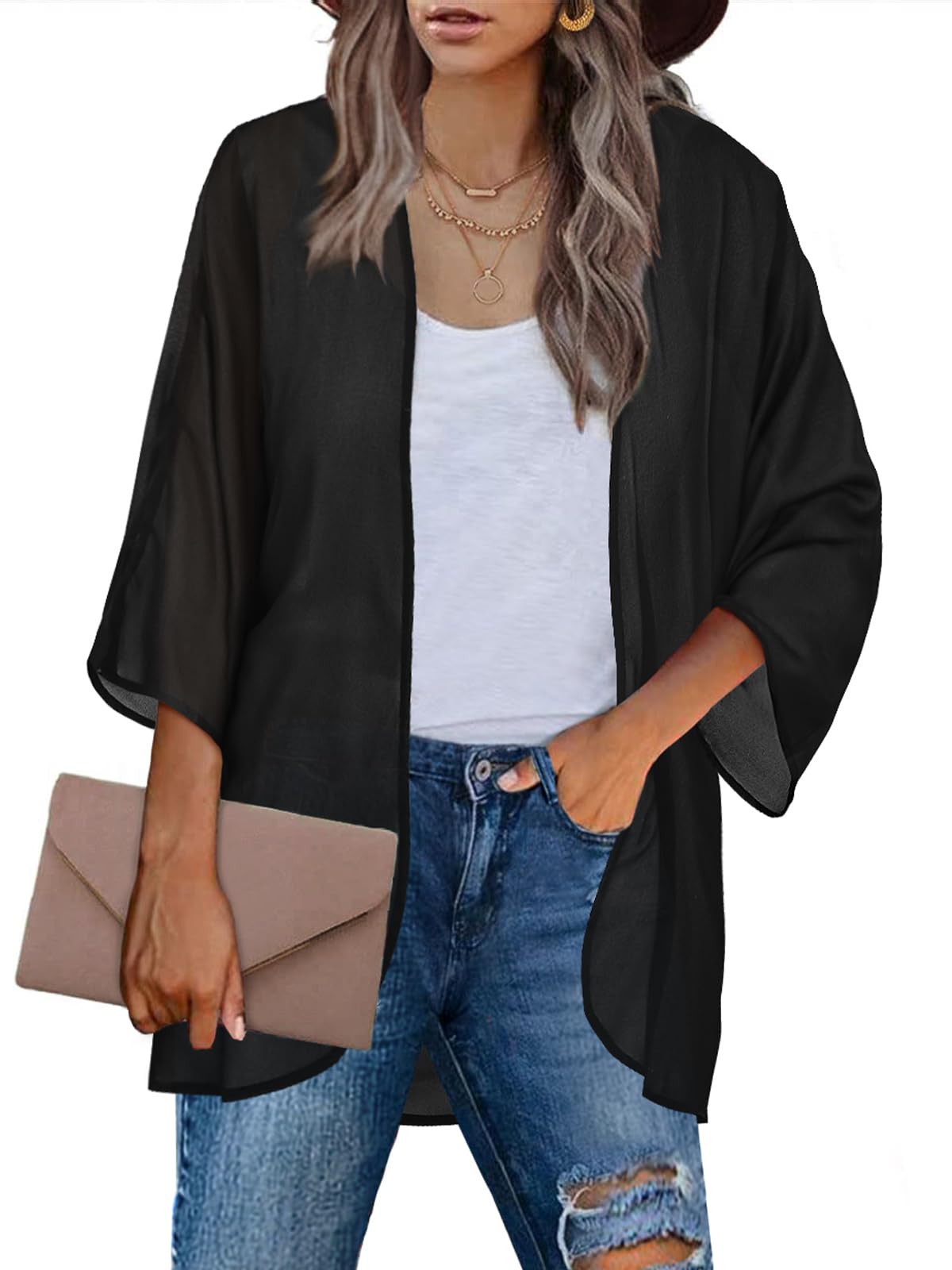 BB&KK Women's Chiffon Kimono Loose Casual Open Front Cover Ups at ...