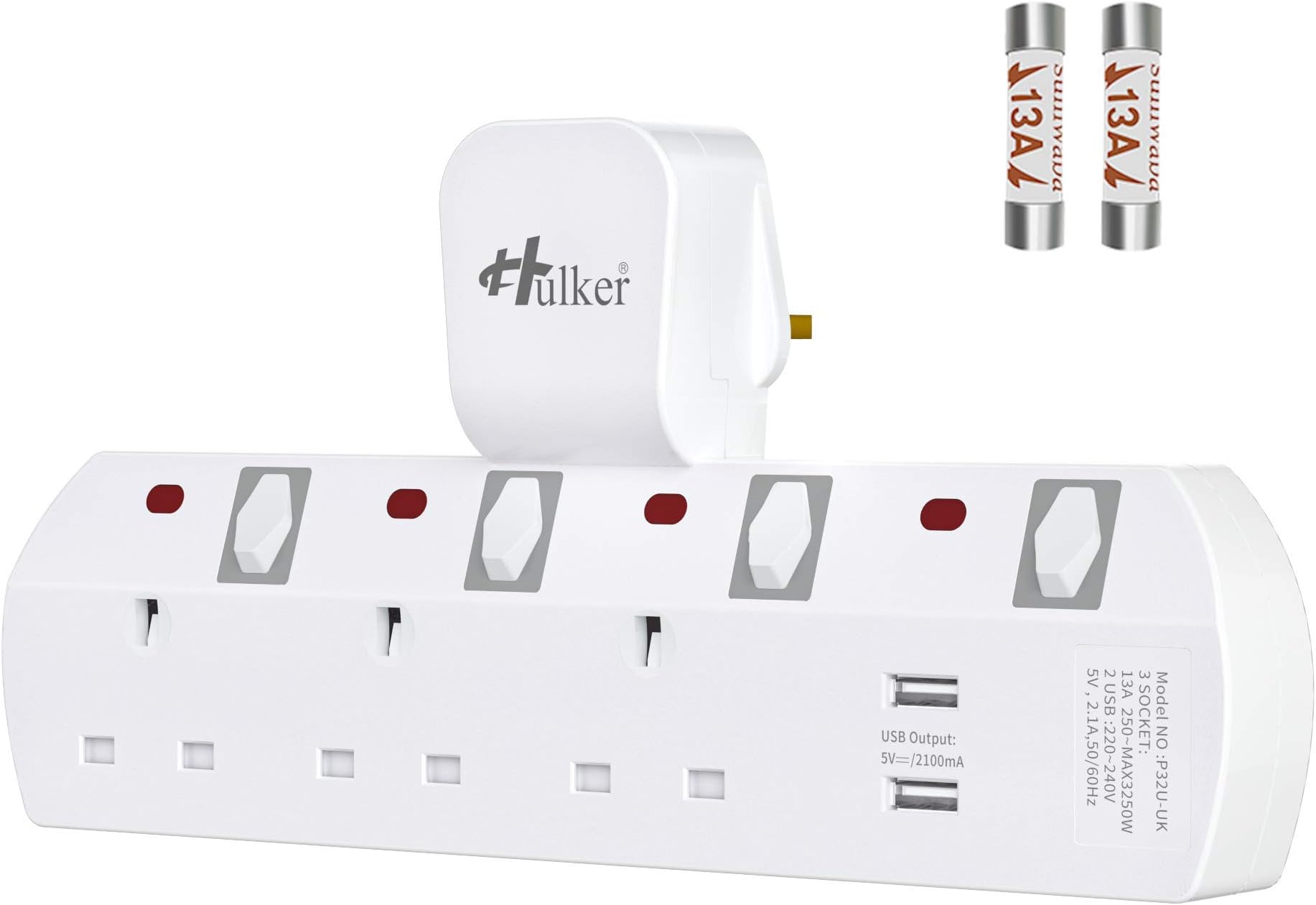 Hulker Multi Plug Extension with 3 Sockets and 2 USB, Surge Protection ...