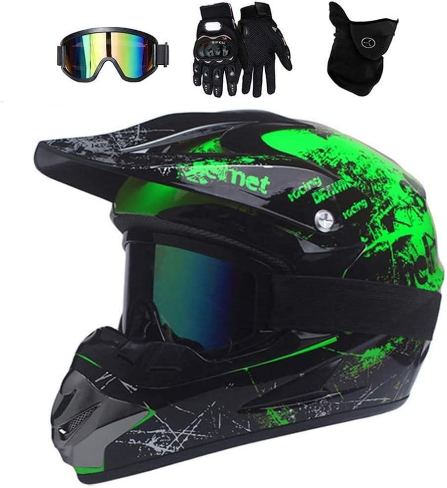 AMITD Motorrad Crosshelm Schwarz Grün Motocross Helm Set mit Brille (4 ...