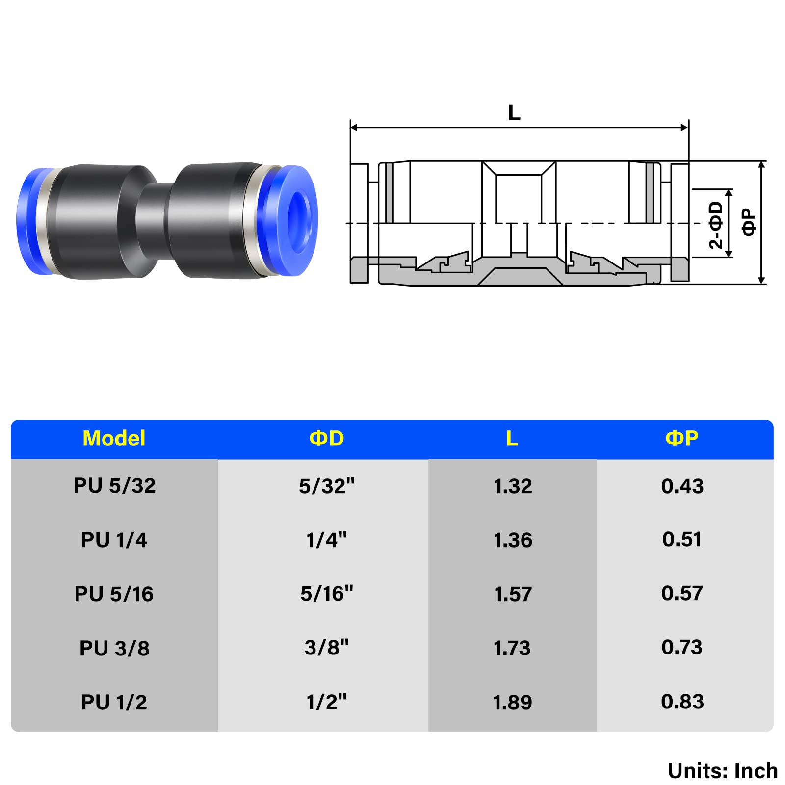 Snapklik.com : TAILONZ PNEUMATIC Blue Straight 1/4 Inch Tube OD Push To ...