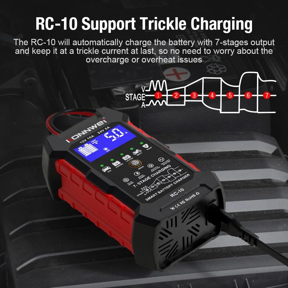 KONNWEI RC-10 Car Battery Tester 12V/24V – 7-Stage Automatic Charger ...