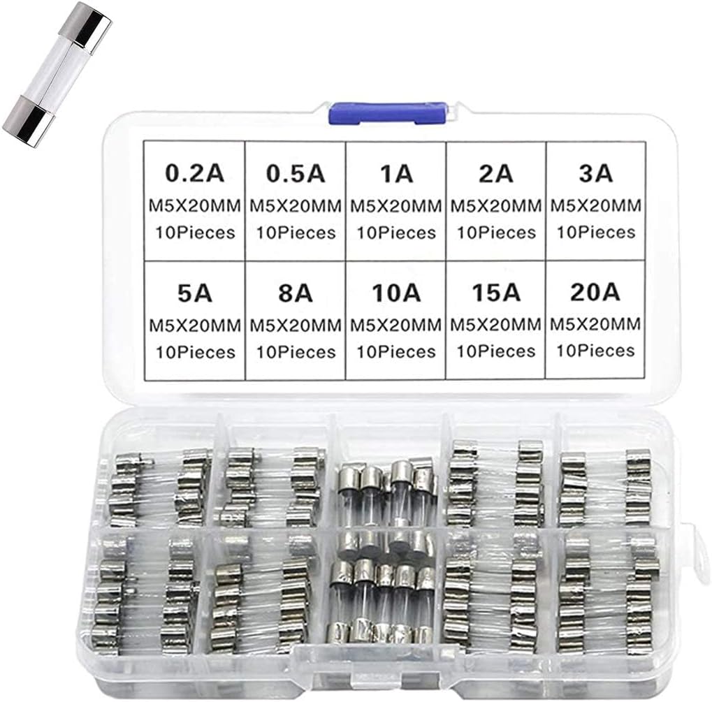 Glass Quick Fast Blow Fuse, 100pcs Glass Tube Fuses Assorted Kit 0.2A ...