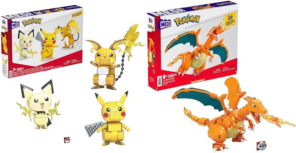 MEGA Pokemon Build & Show Pikachu Evolution Trio + Charizard Action ...
