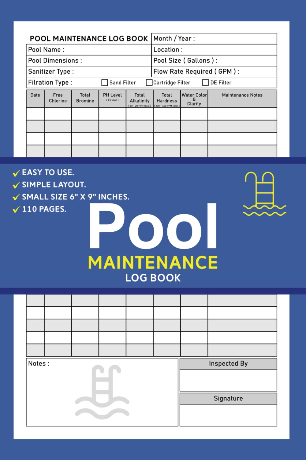 Swimming Pool Maintenance Log Book | Pool Maintenance Checklist Record ...