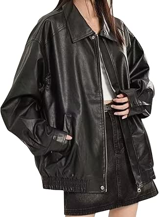 Womens Fashion Long Sleeve Oversized Leather Jacket Vintage Button and ...