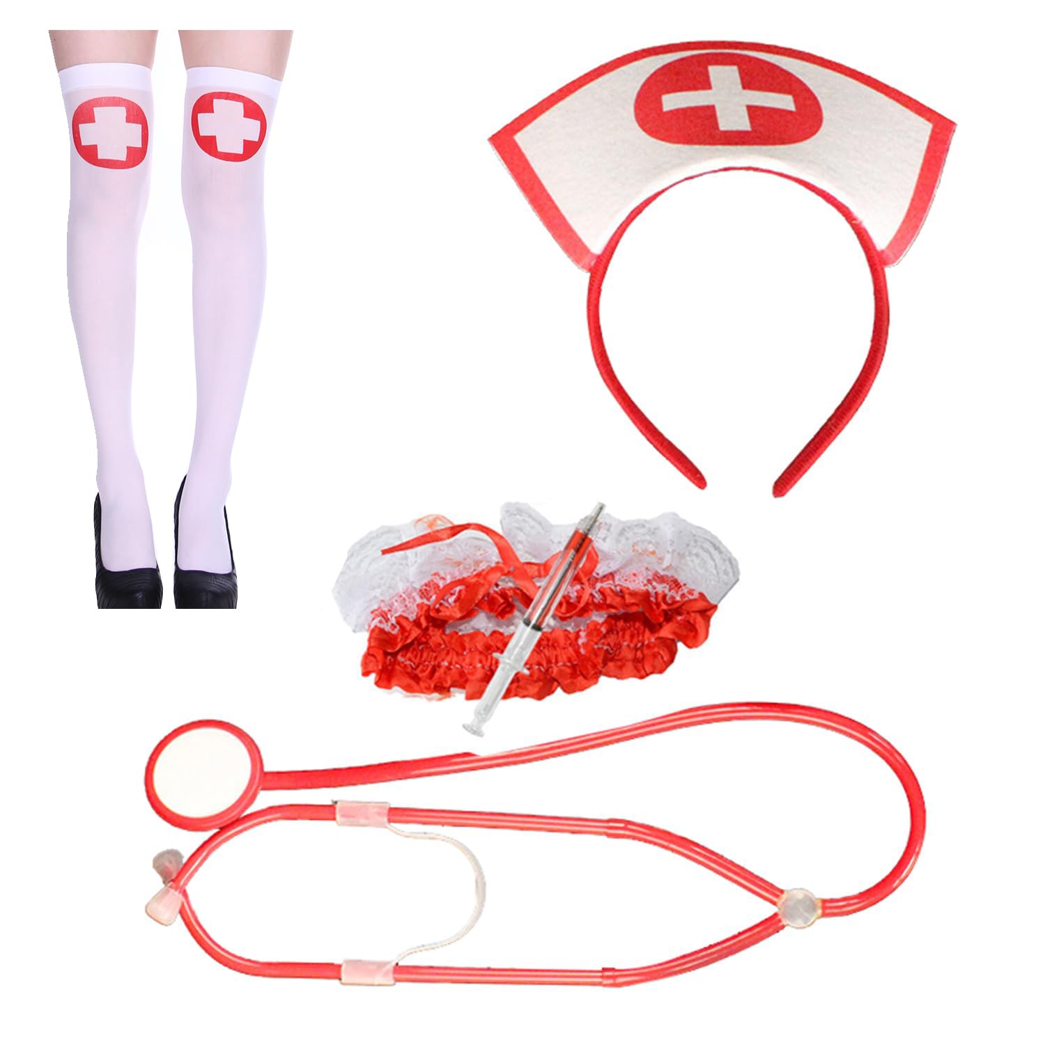 NAUZE 5 Pieces Nurse Set Hat Headband Stethoscope Garter Red Stockings ...