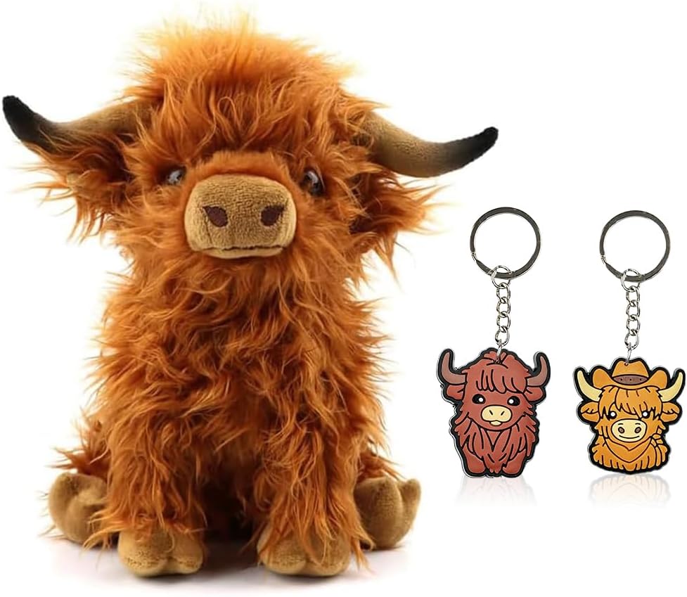 KAOVCXR 1PCS Cow Stuffed Animals Plush Toy + 2PCS Highland Cow Keychain ...