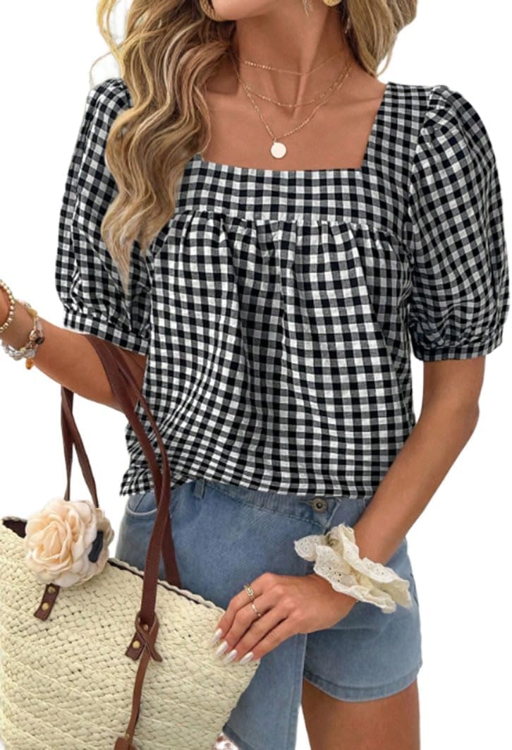 dsumvns Women's Summer Gingham Print Tops Trendy Puff Short Sleeve ...