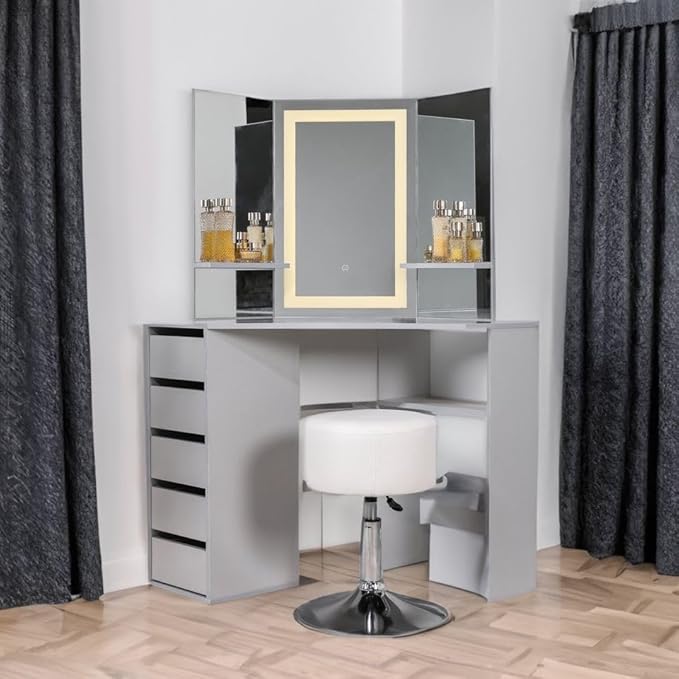 HARMIN Grey 5 Drawer Make up Corner Dressing table with touch LED ...