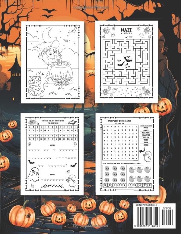 Halloween Activity Book For Kids Ages 4-8: Draw And Match, Mazes ...
