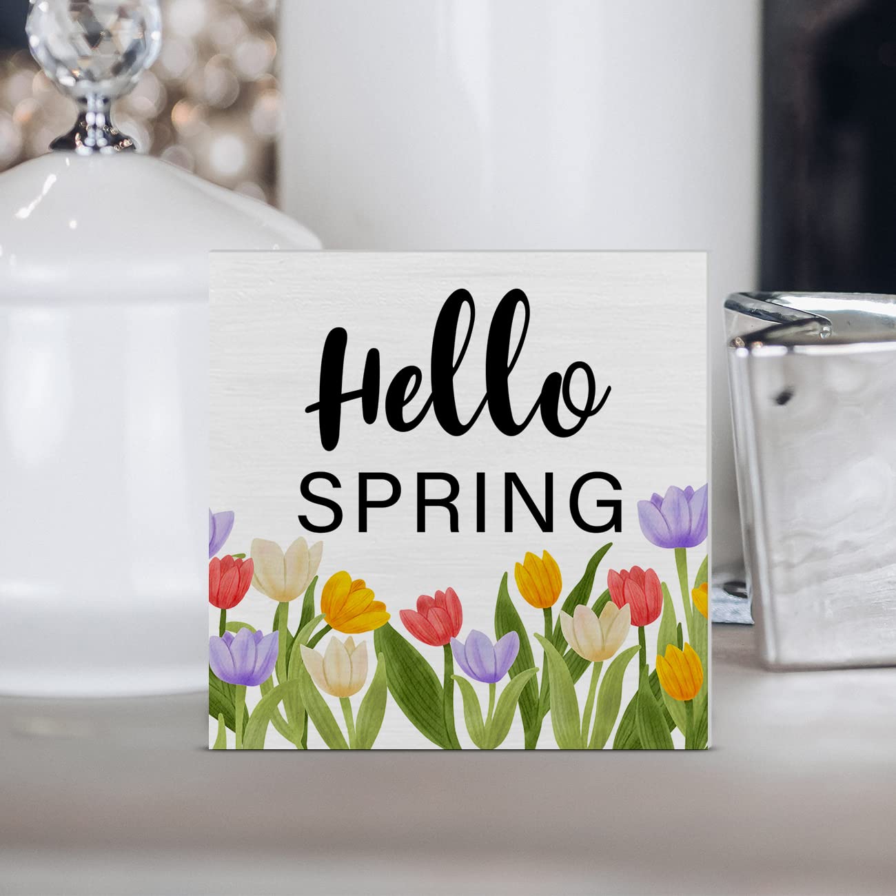 Snapklik.com : Floral Tulips Hello Spring Wooden Box Sign Farmhouse ...