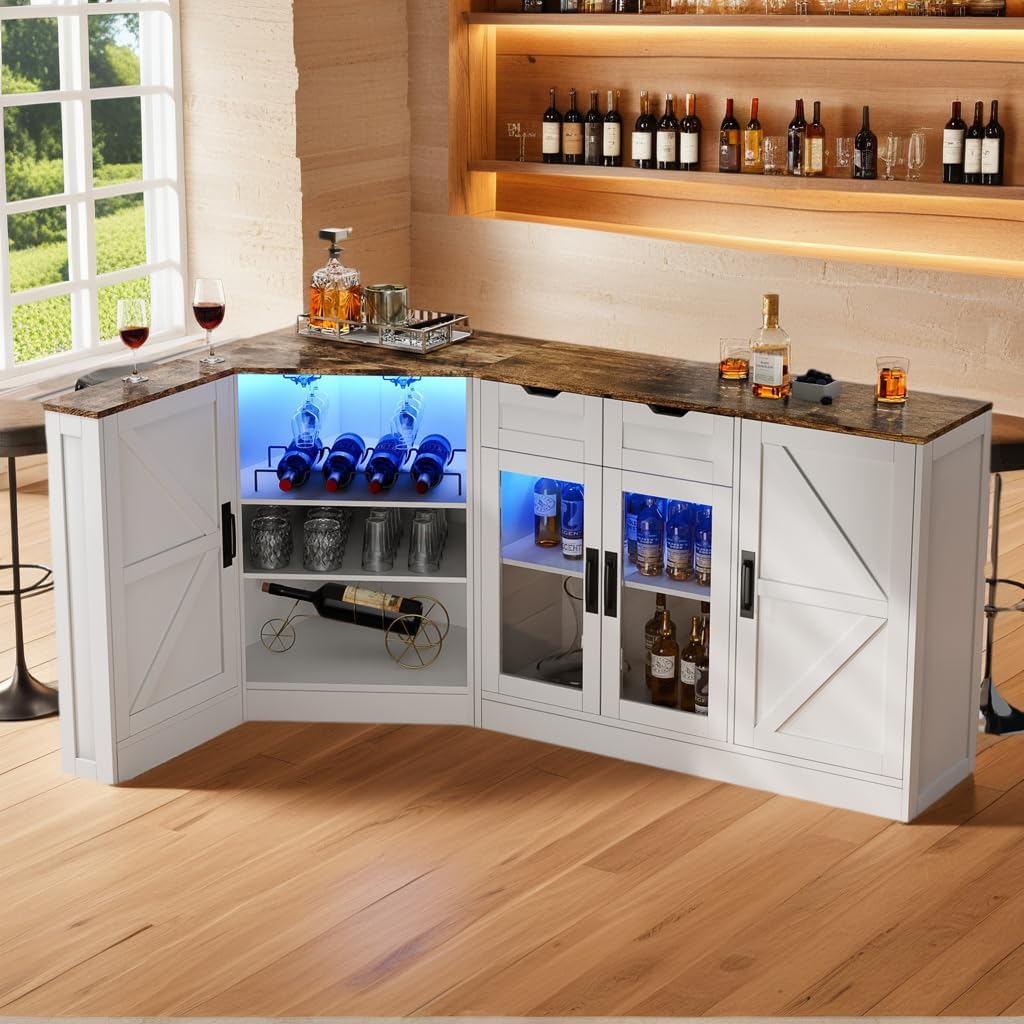 Amazon.com: L-Shaped Home Bar Table, Corner Bar Cabinet with LED Lights & Storage Shelves ...