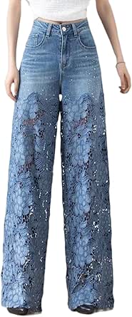 Japelessor Fashion Lace Patchwork Denim Jeans – Hollow-out Wide-Leg High Waist Pants for Women ...