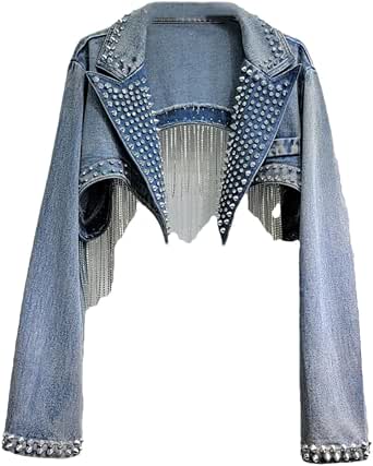 Women’S Beaded Denim Jacket Short Crystal Fringed Backless Turn-Down ...