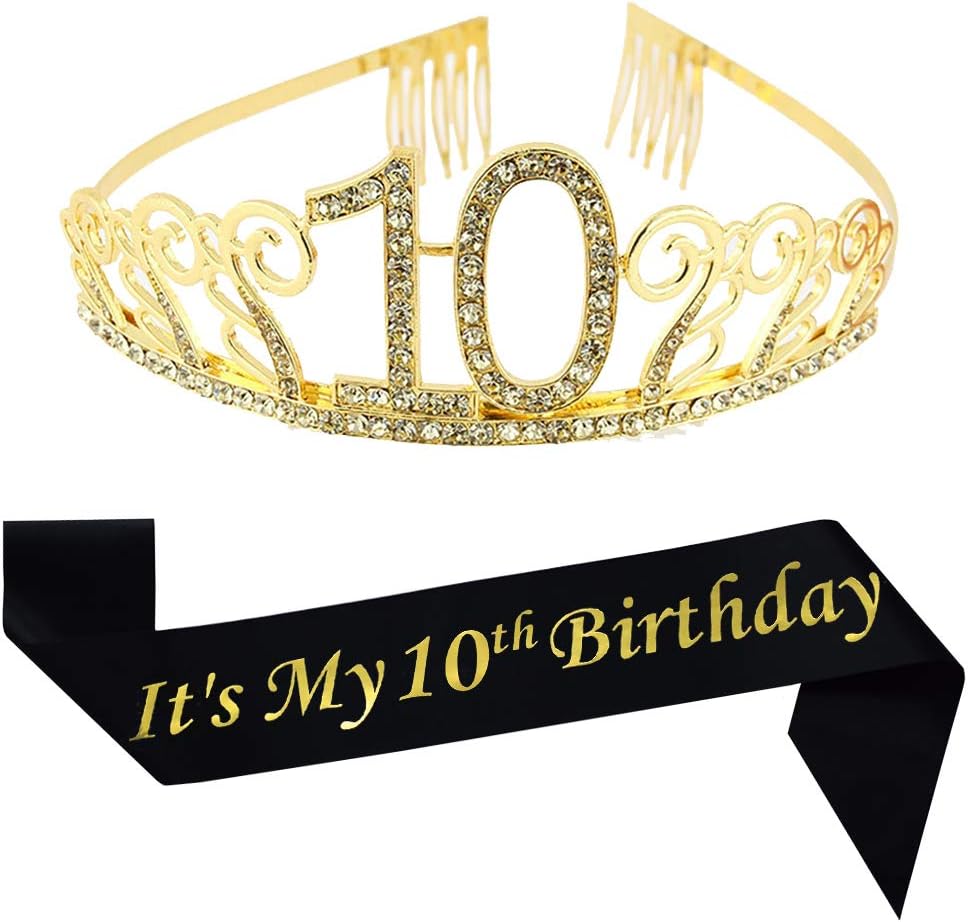 Amazon.com: 10th Birthday Gold Tiara and Sash, Glitter Satin Sash and ...