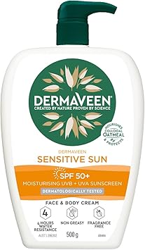 DermaVeen Sensitive Sun SPF 50+ Moisturising UVB + UVA Sunscreen Face ...