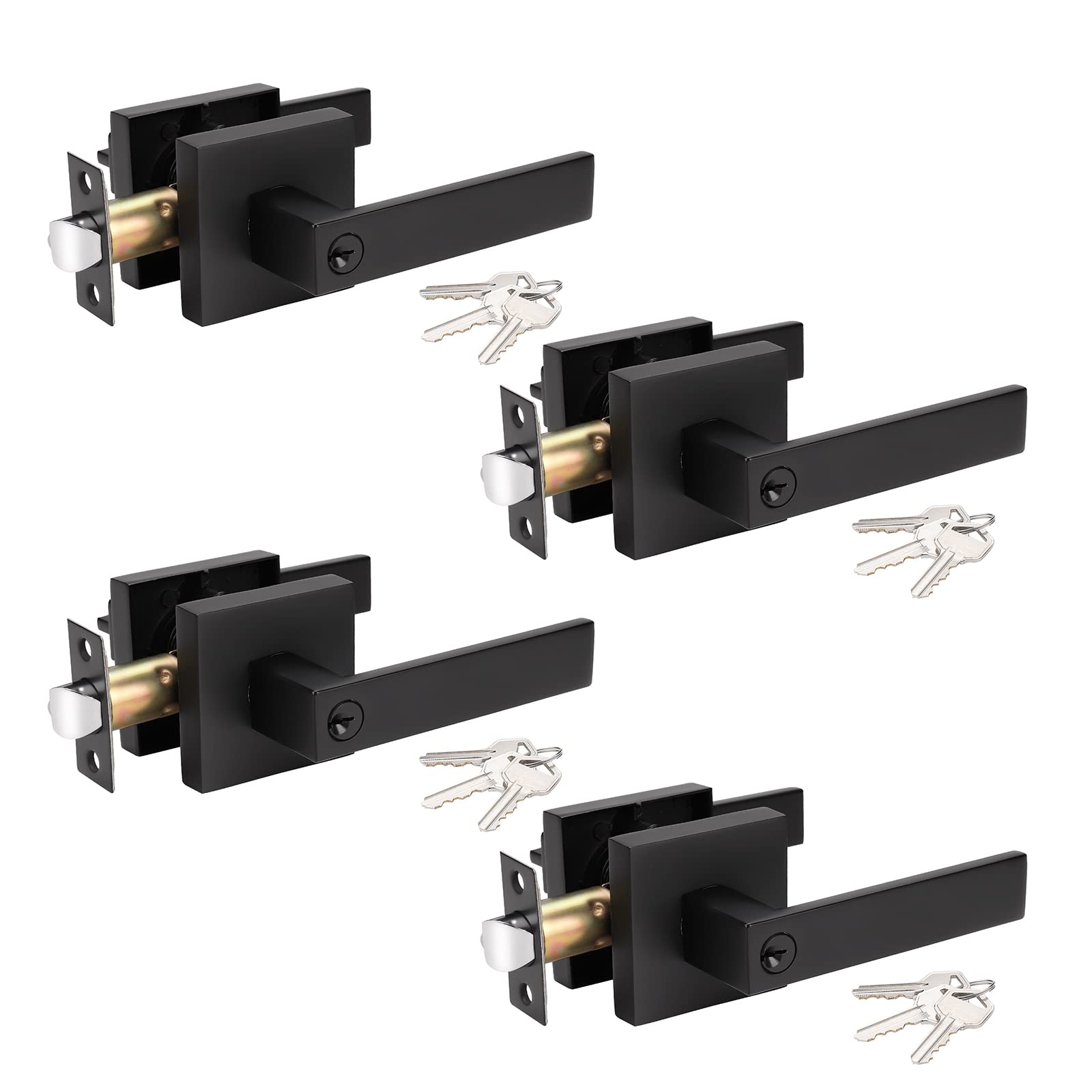 KNOBWELL Door Handles with Lock and Key, 4 Pack Matte Black Door Levers ...