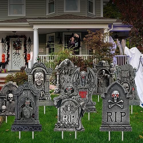Amazon.com : Kigley 12 Pcs Halloween Tombstone Yard Signs Decorations ...