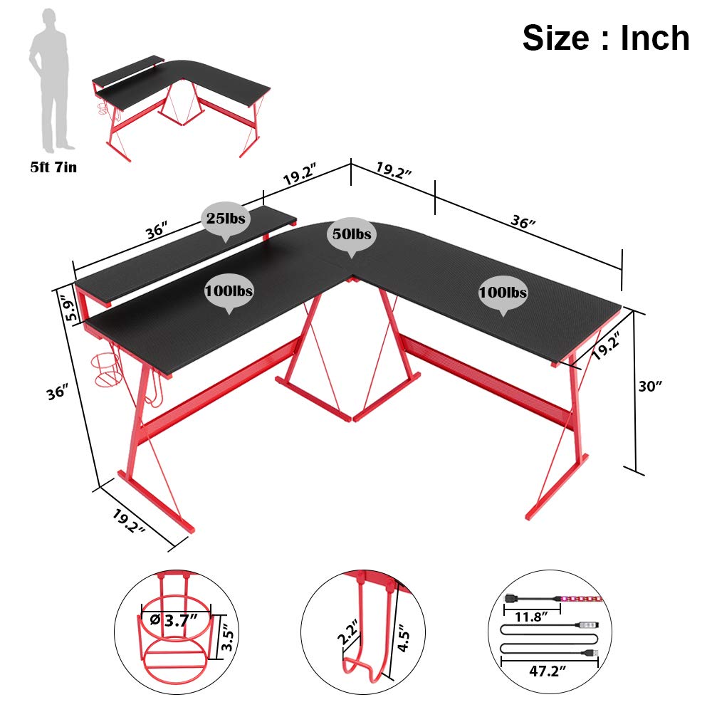 Bestier L-Shaped Led Gaming Computer Desk, RGB Strip Light Modern ...