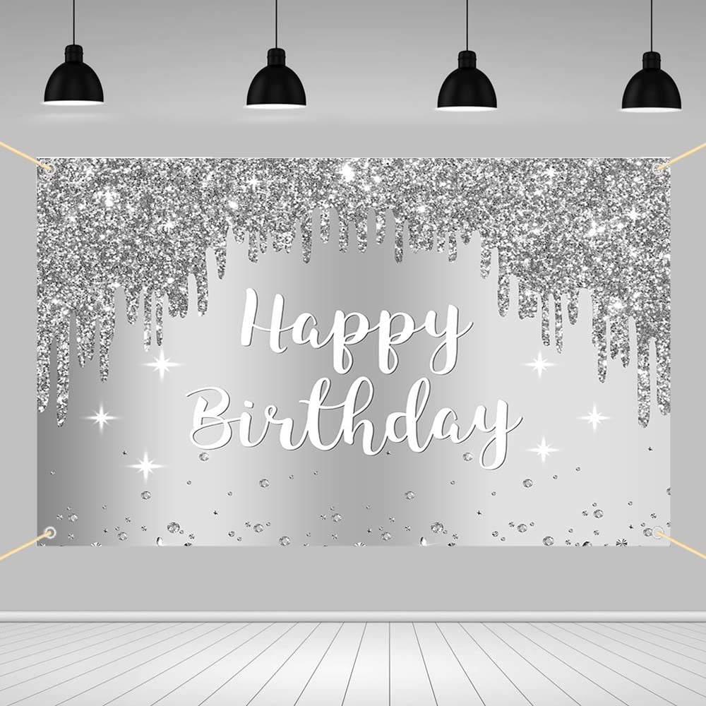 Amazon.com: AIBIIN Happy Birthday Banner Girls Silver Glitter Diamond ...