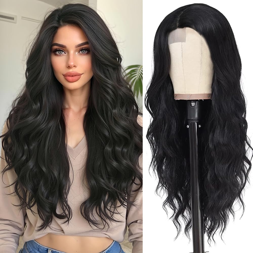 Esmee Long Black Wavy Lace Wig for Women Middle Part Curly Wavy Wig ...