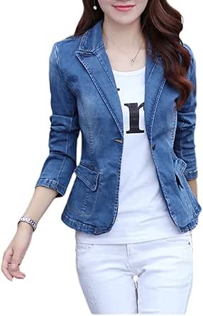 Hifzael Women Short Denim Blazer Jacket Casual One Button V Neck Formal ...