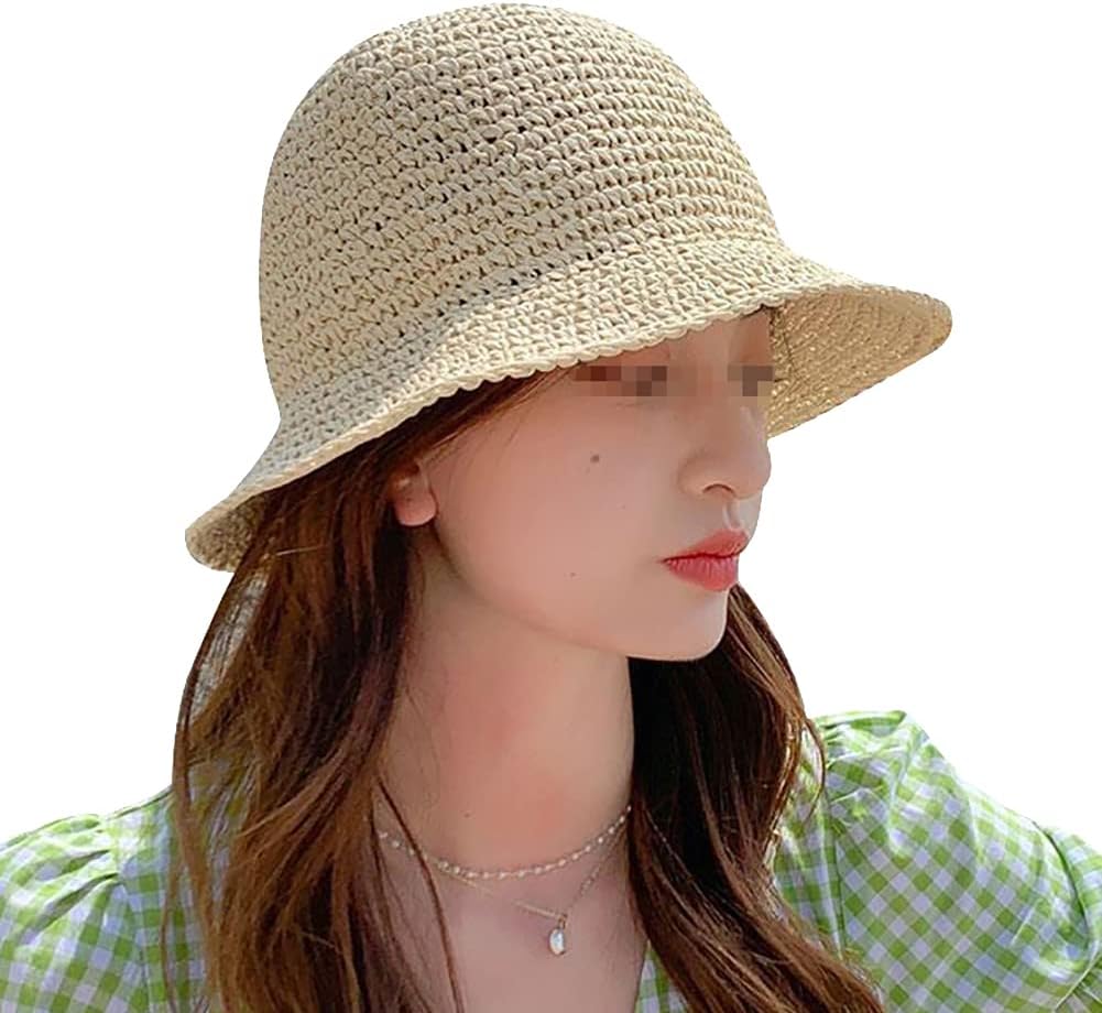 JIHUOO Women's Beige Straw Floppy Bucket Hat, Foldable Sun Visor Hat ...