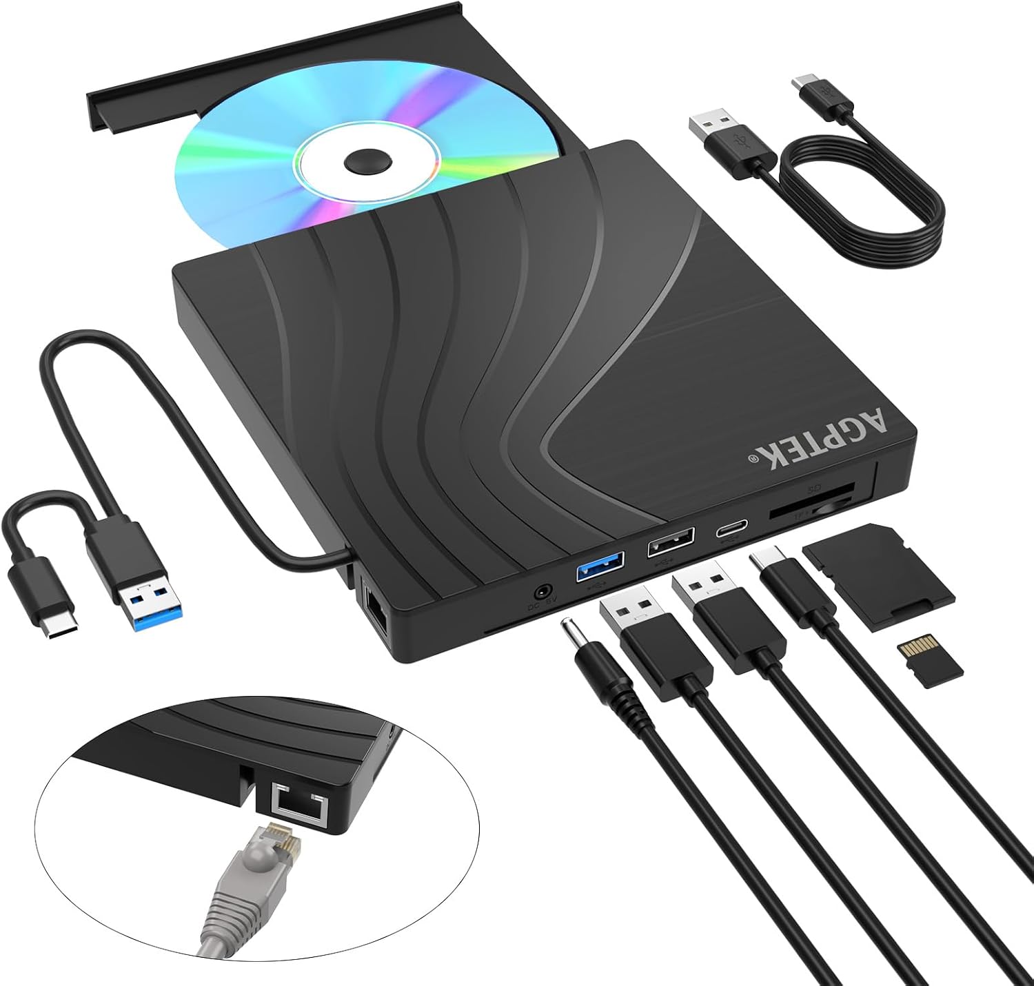 AGPTEK 8 in 1 External CD/DVD Drive for Laptop, USB 3.0 Ultra Slim ...