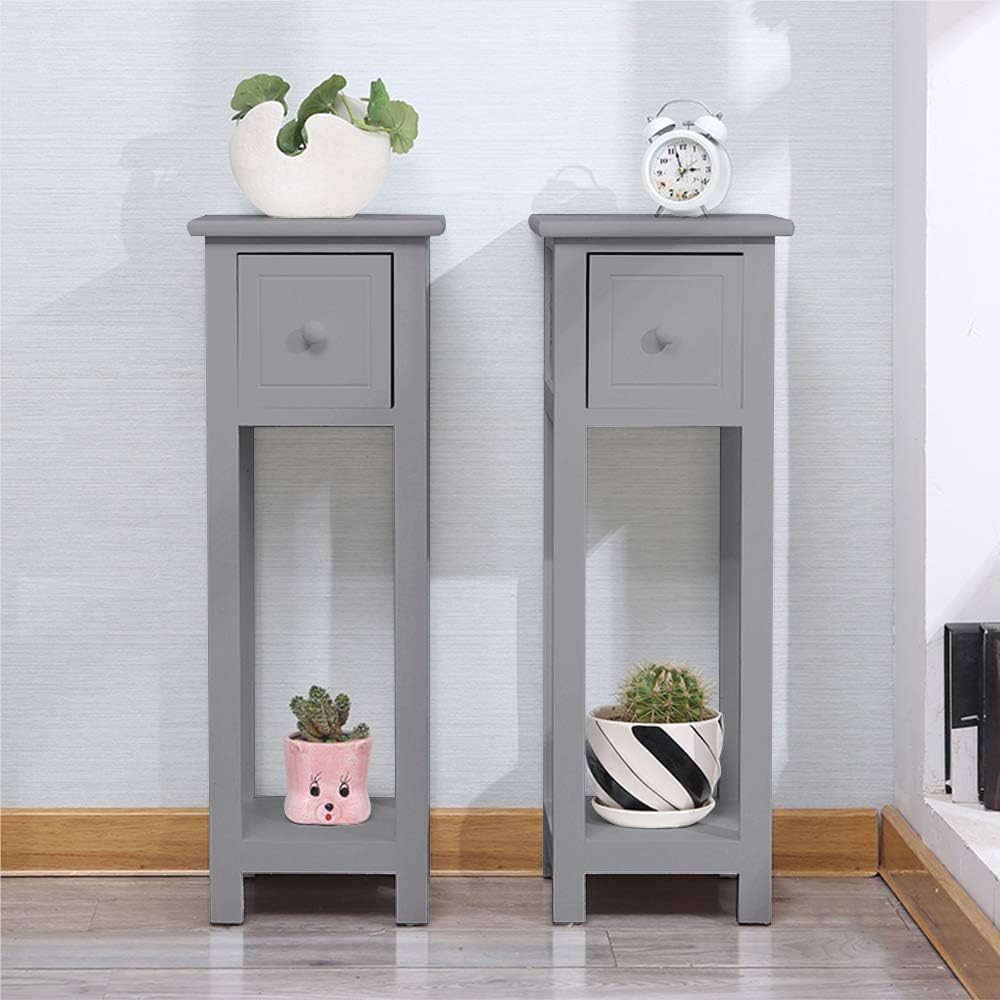 EXQUI Bedside Tables Set of 2 with Drawer Grey Slim Living Room Tables ...
