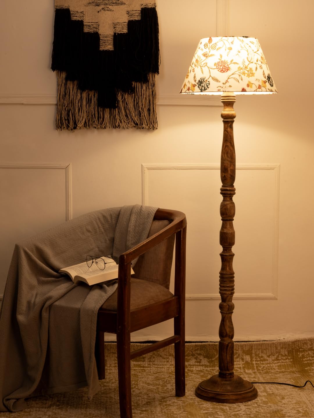 Buy Green Girgit Wooden Brown Floor Lamp with Taper White Multicolor Lamp Shade, Vintage Wooden ...